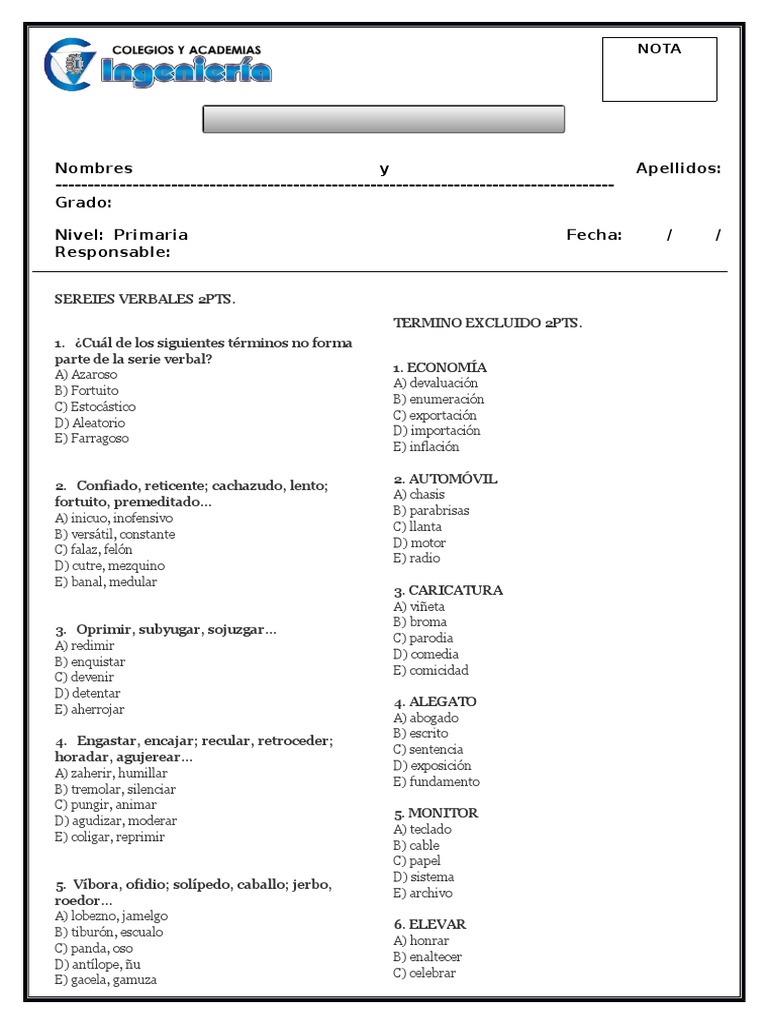 Examen Mensual de Apt Verbal VVVVVV | PDF