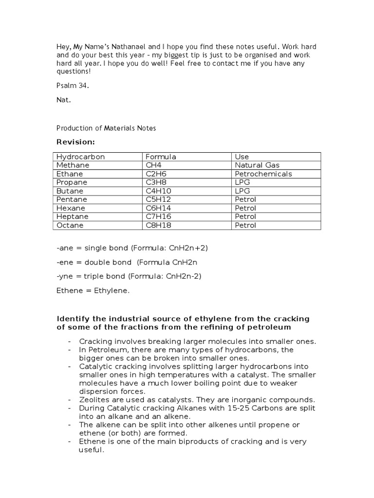 HSC Production of Materials. Bestnotes | PDF | Redox | Polyethylene