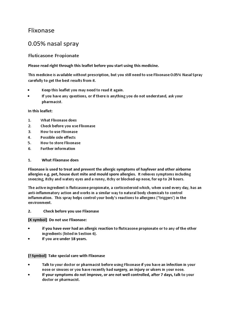 Flixonase 0.05% Nasal Spray: Fluticasone Propionate | PDF | Medical ...