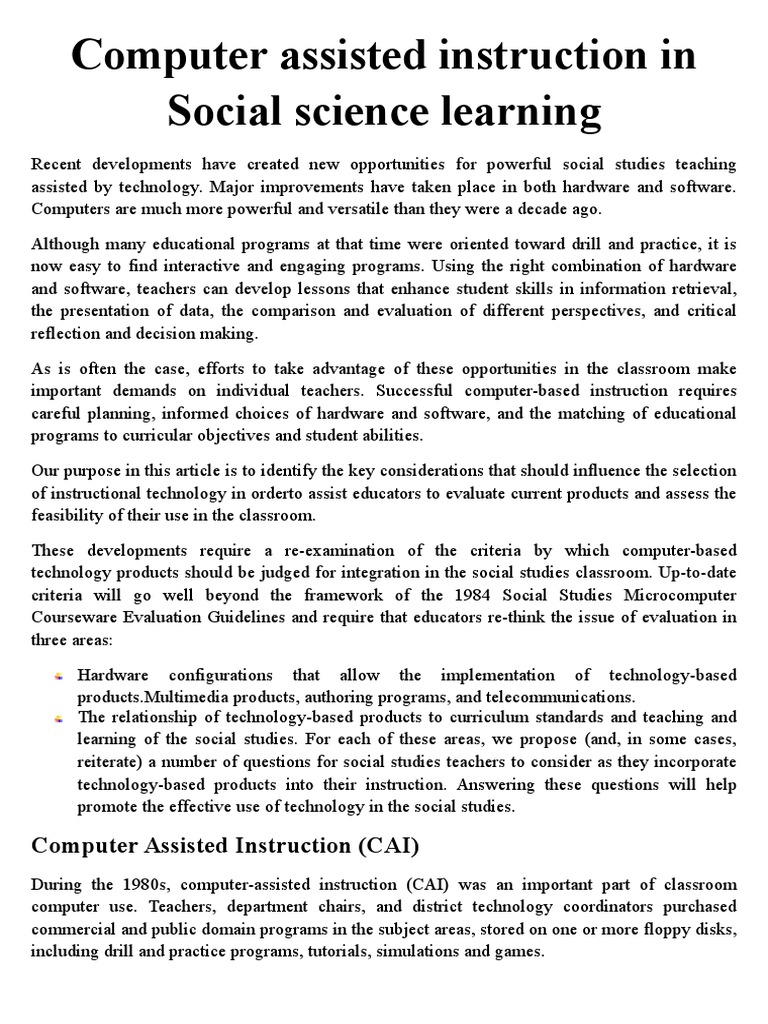 Computer Assisted Instruction in Social Science Learning | PDF ...