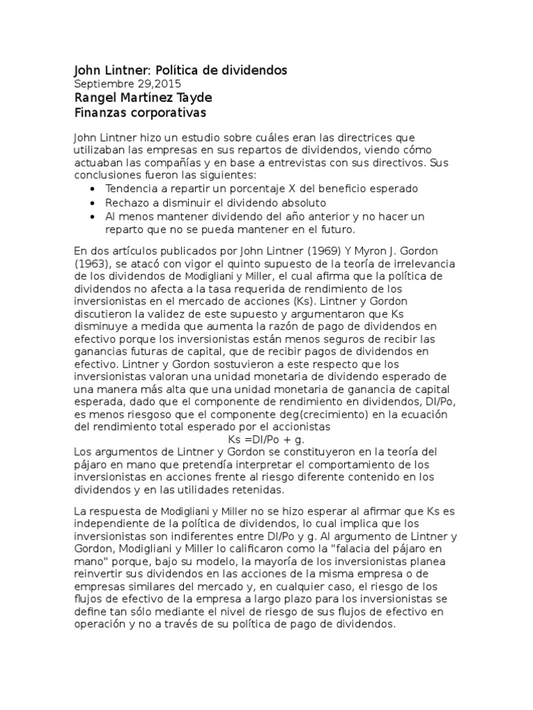 John Lintner | PDF | Apalancamiento (Finanzas) | Compartir (Finanzas)