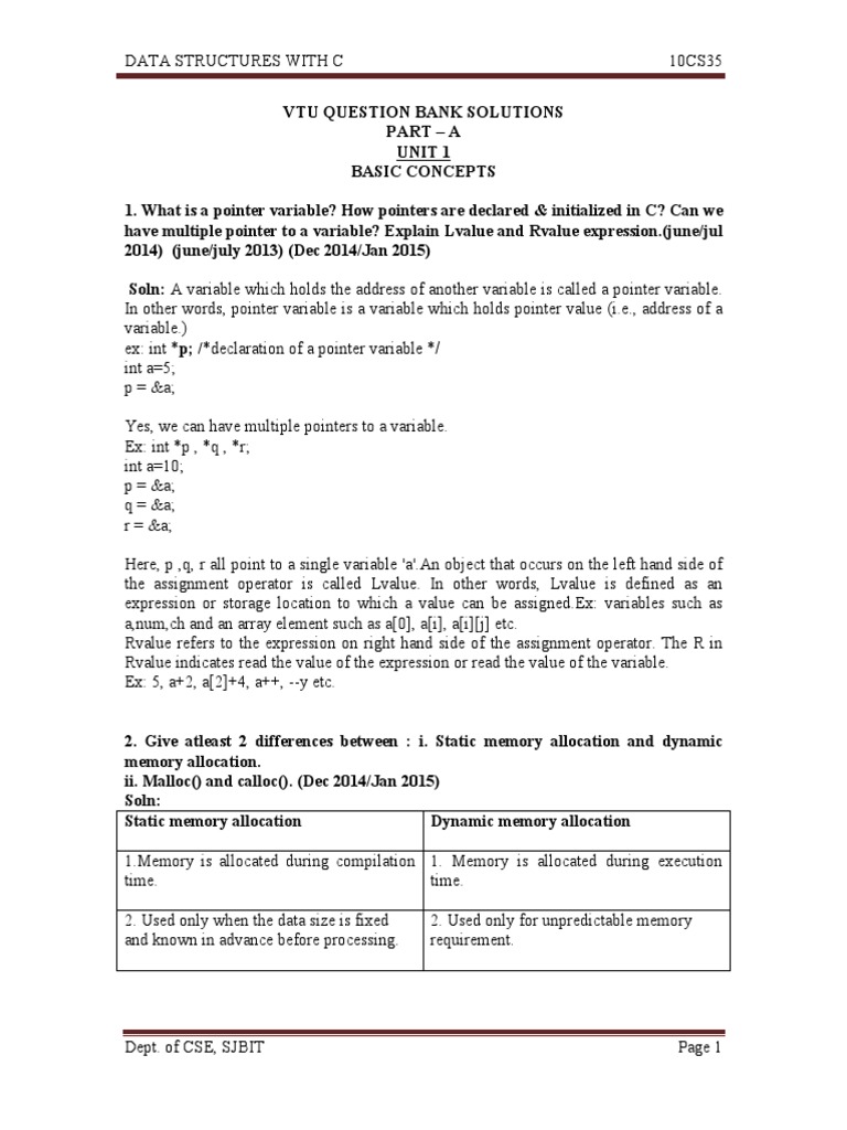 Cse Iii Data Structures With C 10cs35 Solution Pdf Pointer 5227
