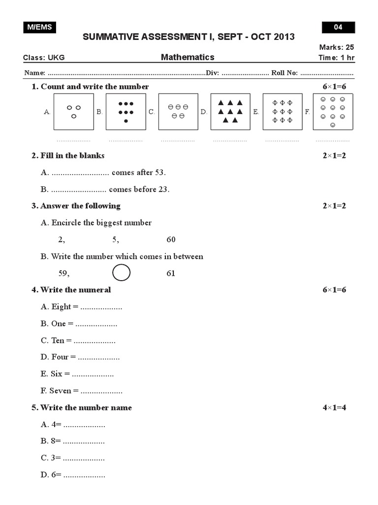UKG Maths Question Paper Sample | PDF | Career & Growth | Home & Garden