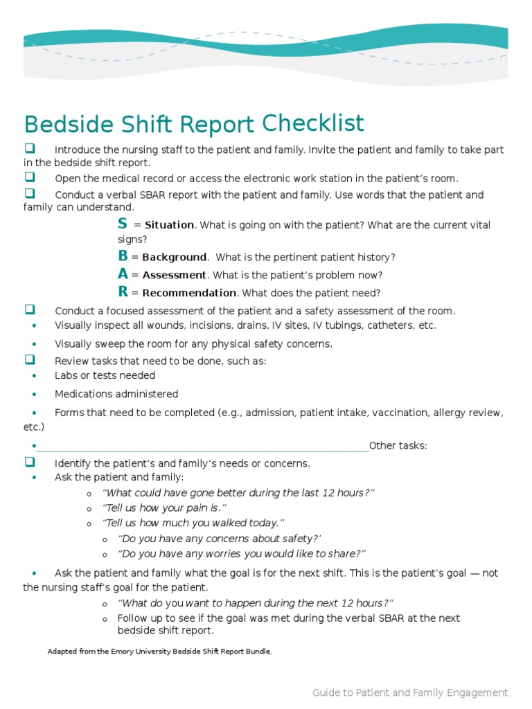 Bedside Shift Report Checklist: S B A R | PDF