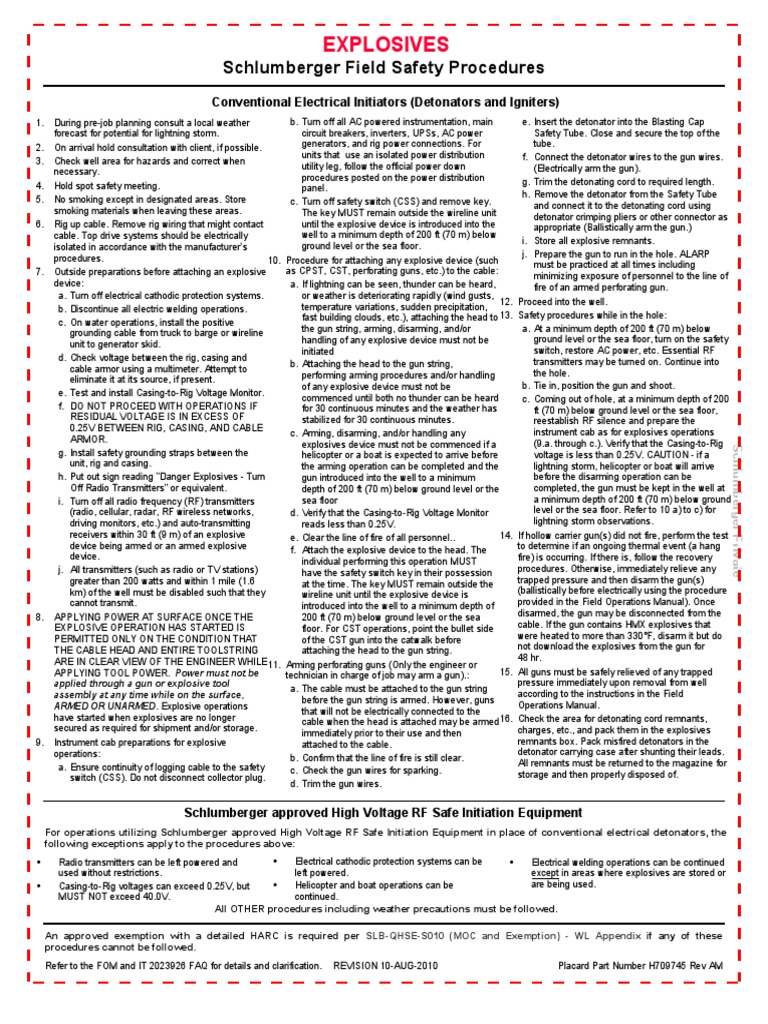 Schlumberger Field Safety Procedures | Explosive Material | Cable