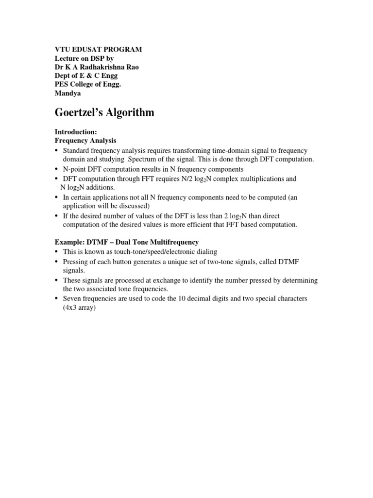 3 Goertzel's Algorithm | PDF | Discrete Fourier Transform | Fast Fourier Transform