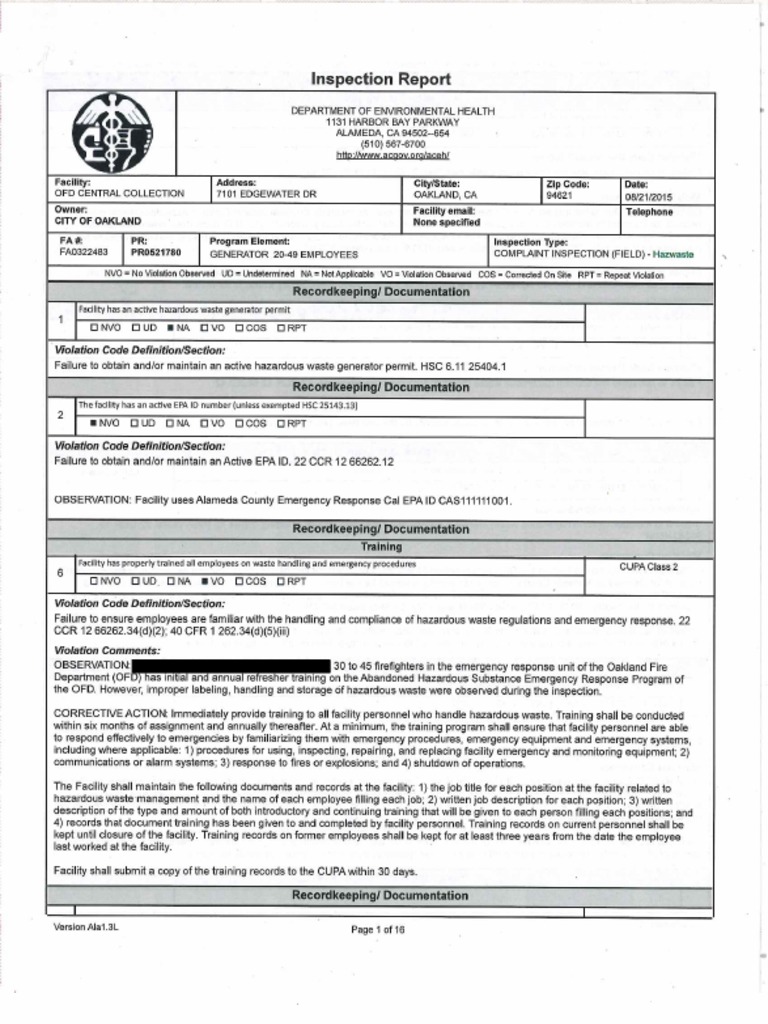 Alameda County CUPA Inspection of Oakland Hazardous Facility | PDF ...