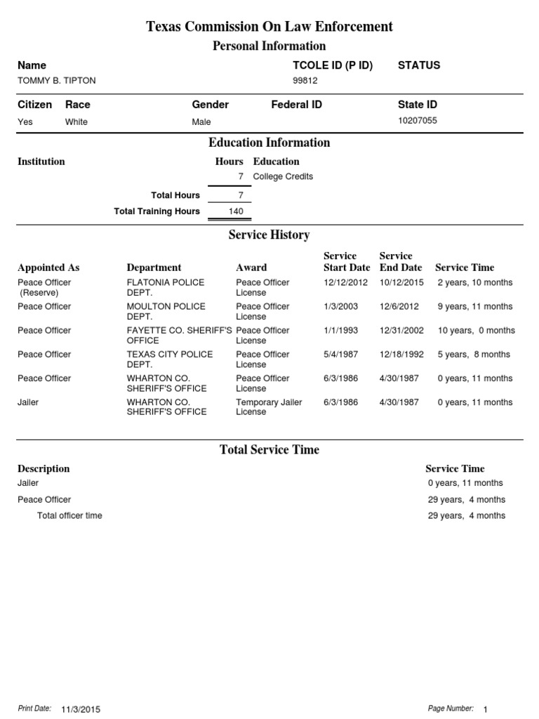 Tommy Tipton's TCOLE Certification Record | PDF | Sheriffs In The ...