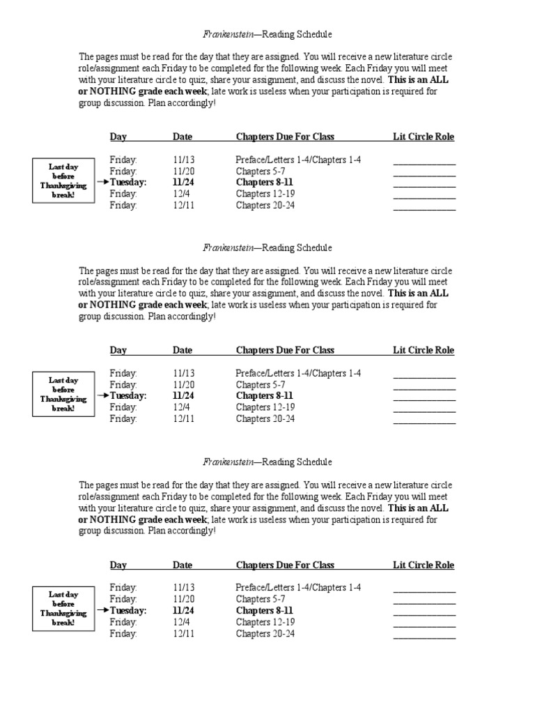Frankenstein Letters 1-4 Quiz Schedule | PDF