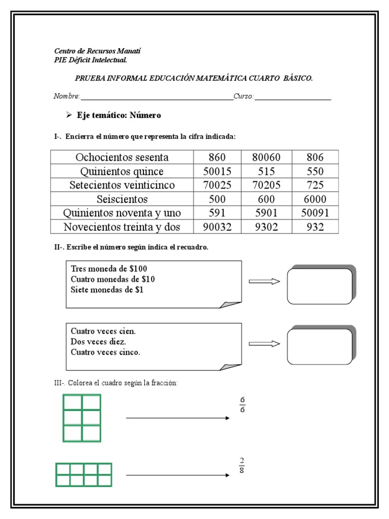 Prueba Matemática Cuarto Básico | PDF | Crecimiento personal y ...