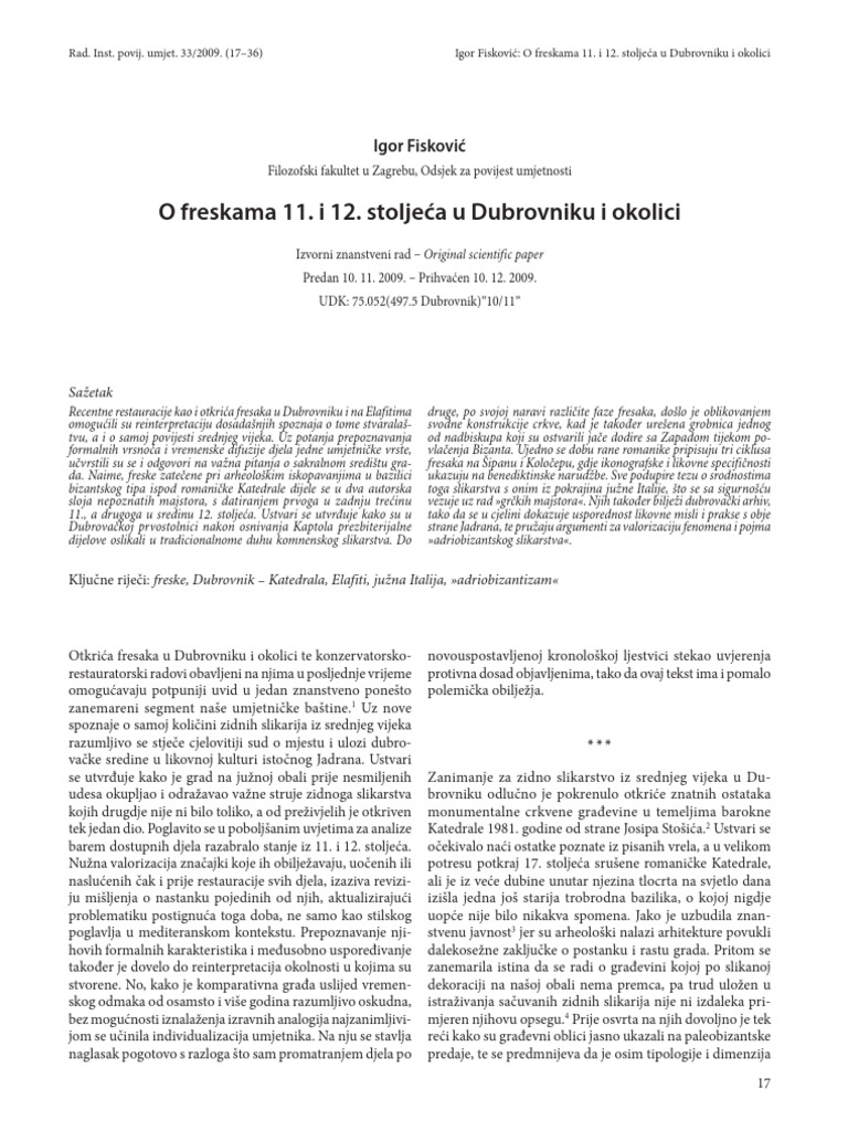 Igor Fiskovic O Freskama 11. I 12. Stoljeća U Dubrovniku I Okolici | PDF