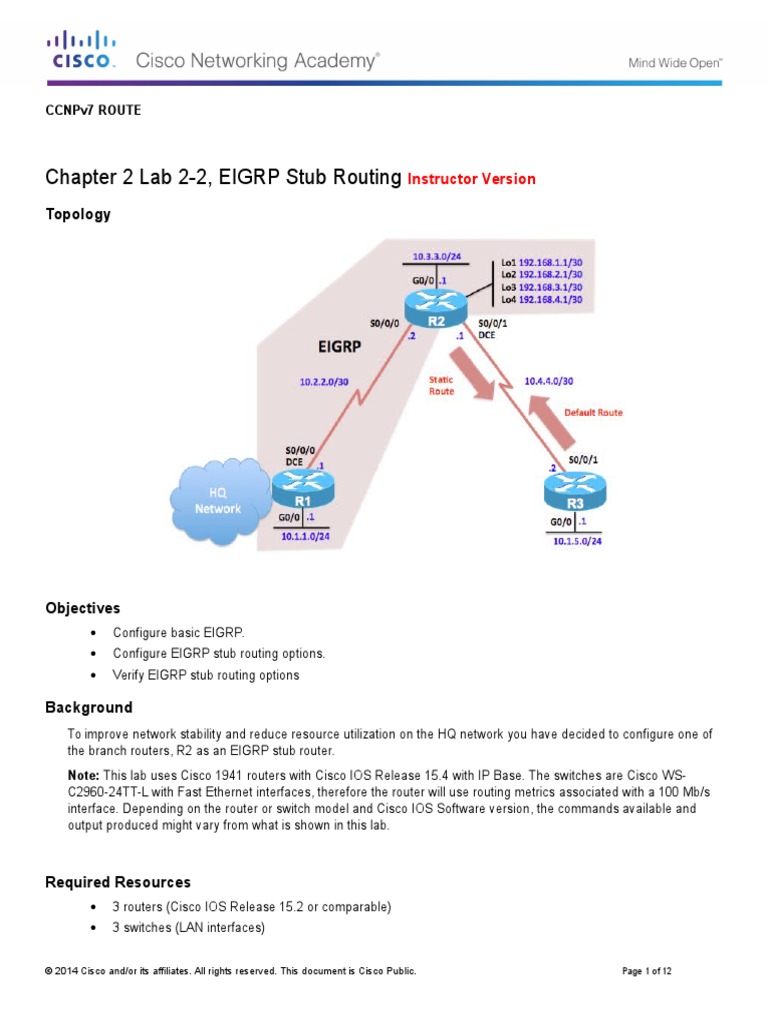 CCNPv7 ROUTE Lab2-2 EIGRP-Stub-Routing Instructor | PDF | Router (Computing) | Routing