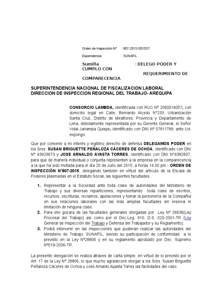 Carta Poder - Mtpe - Comparecencia-Ord Insp. 807-2015 | PDF | Gobierno