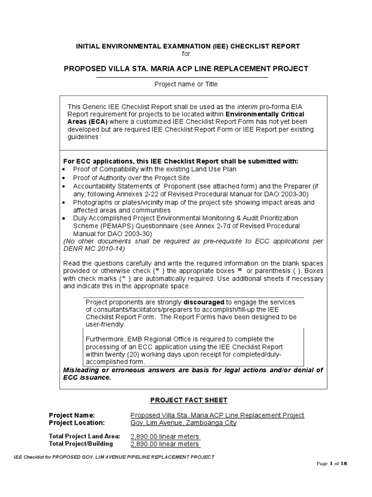 IEE Checklist for Water System Project (distribution only) | Septic ...