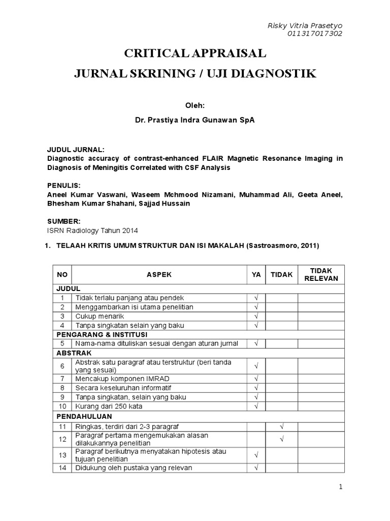 CRITICAL APPRAISAL Jurnal Diagnostik | PDF