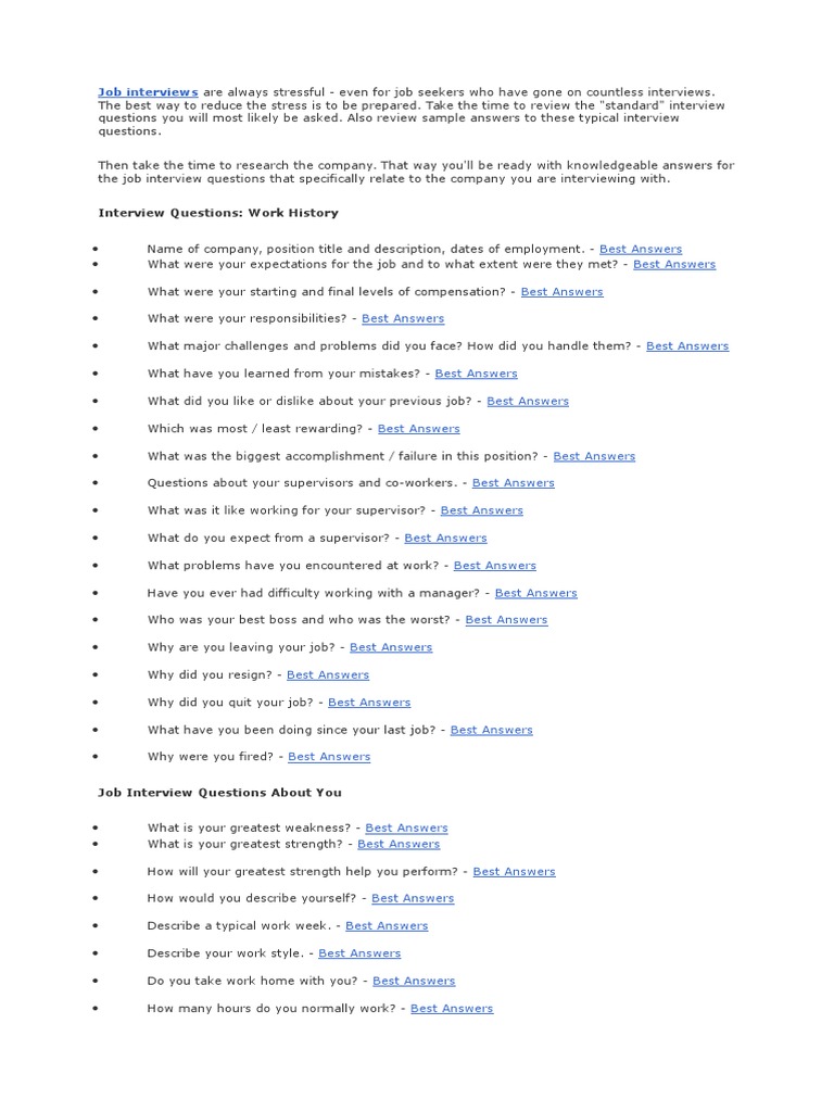 Interview Questions: Work History: Job Interviews | PDF | Job Interview ...