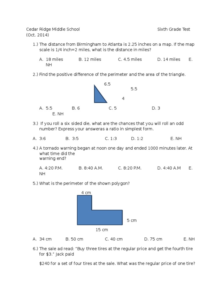 6th Grade Written Test Math Tournament 2014 | PDF | Gallon | Teaching ...