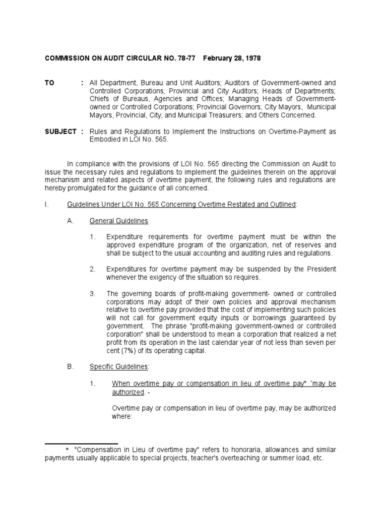 COA Circular 78-77 Rules and Regulations to Implement the Instructions ...