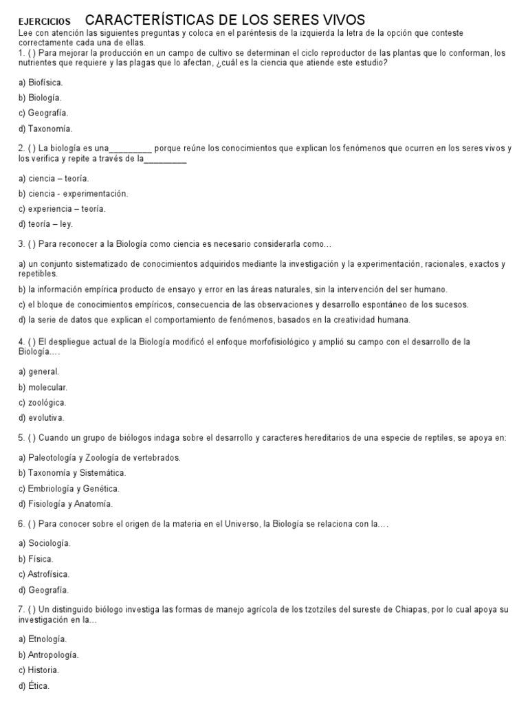 Ejercicios Características de Los Seres Vivos | PDF | Organismos ...