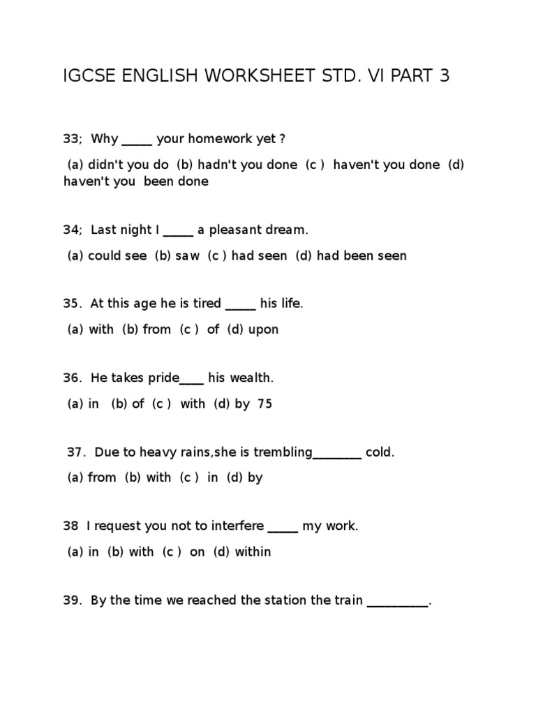Igcse English Worksheet Std. Vi Part 3 | PDF