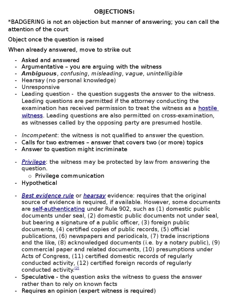 Objections List From Lecture | PDF | Relevance (Law) | Hearsay