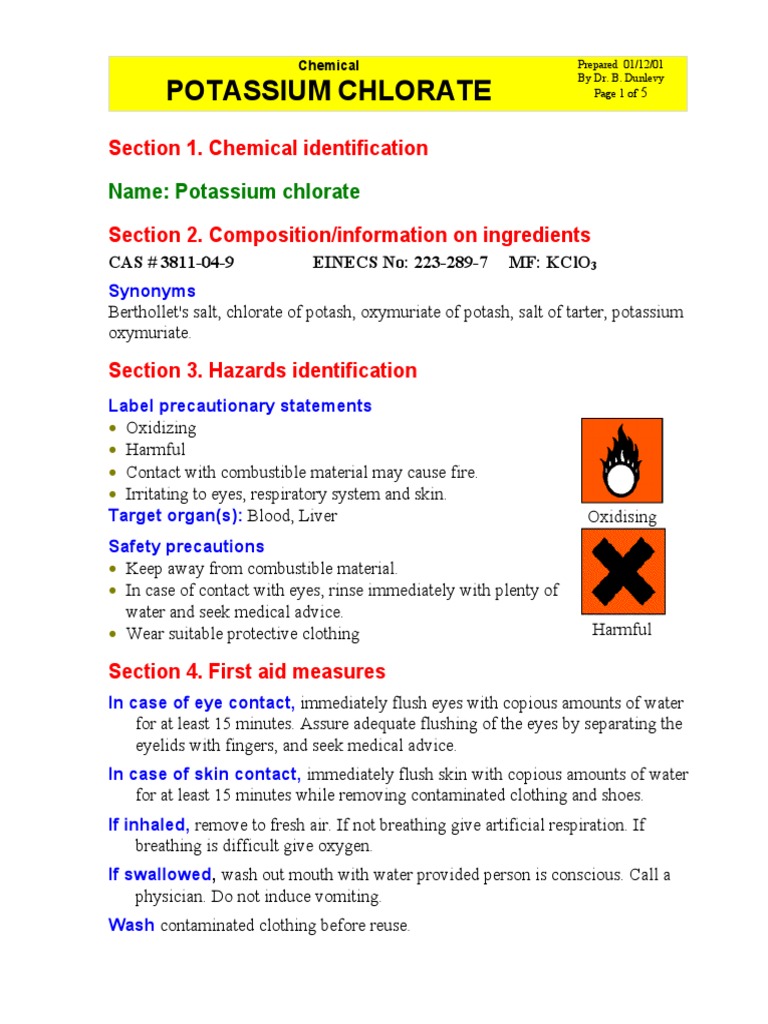 MSDS Potassium Chlorate | Potassium | Personal Protective Equipment