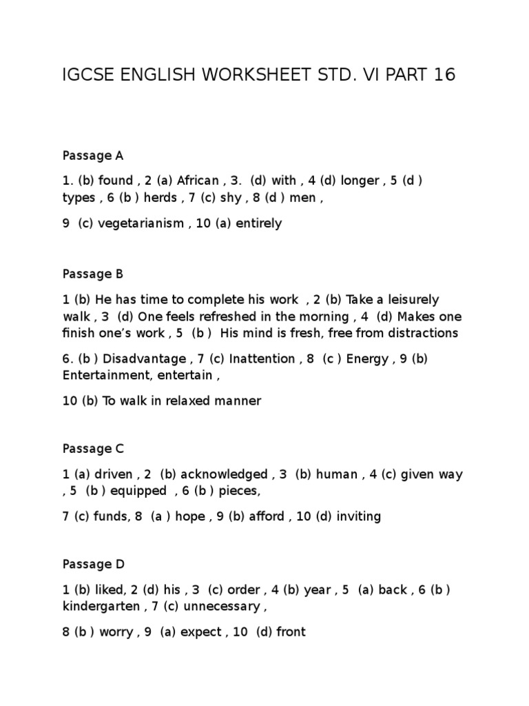 Igcse English Worksheet Std. Vi Part 16 | PDF