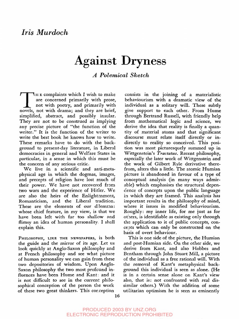 Against Dryness Iris Murdoch | PDF | Reality | Metaphysics