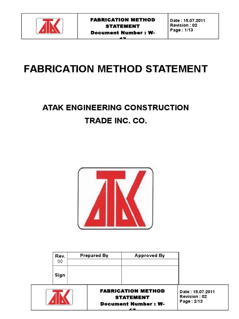 Steel Fabrication Method Statement | PDF | Metal Fabrication | Welding