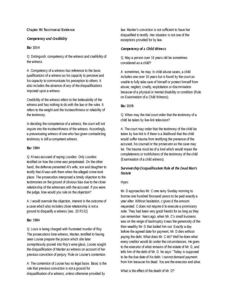 Evidence Ques - Riano | PDF | Evidence (Law) | Witness
