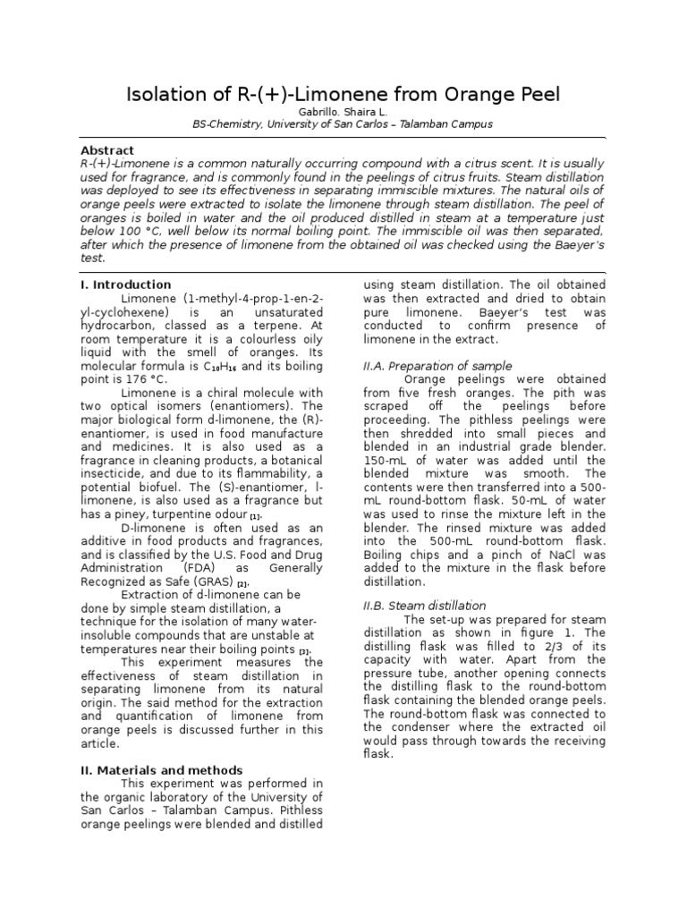 Isolation of R (+) - Limonene From Orange Peel | PDF | Distillation ...