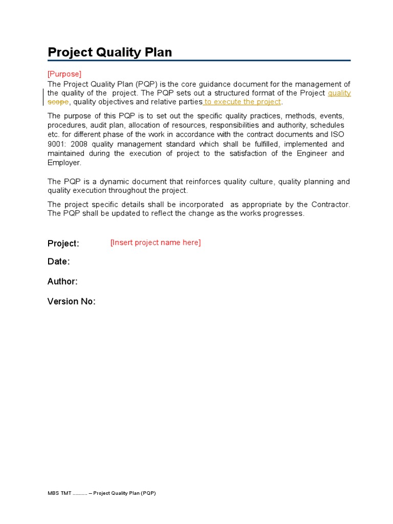 PQP Standard Template | General Contractor | Internal Audit