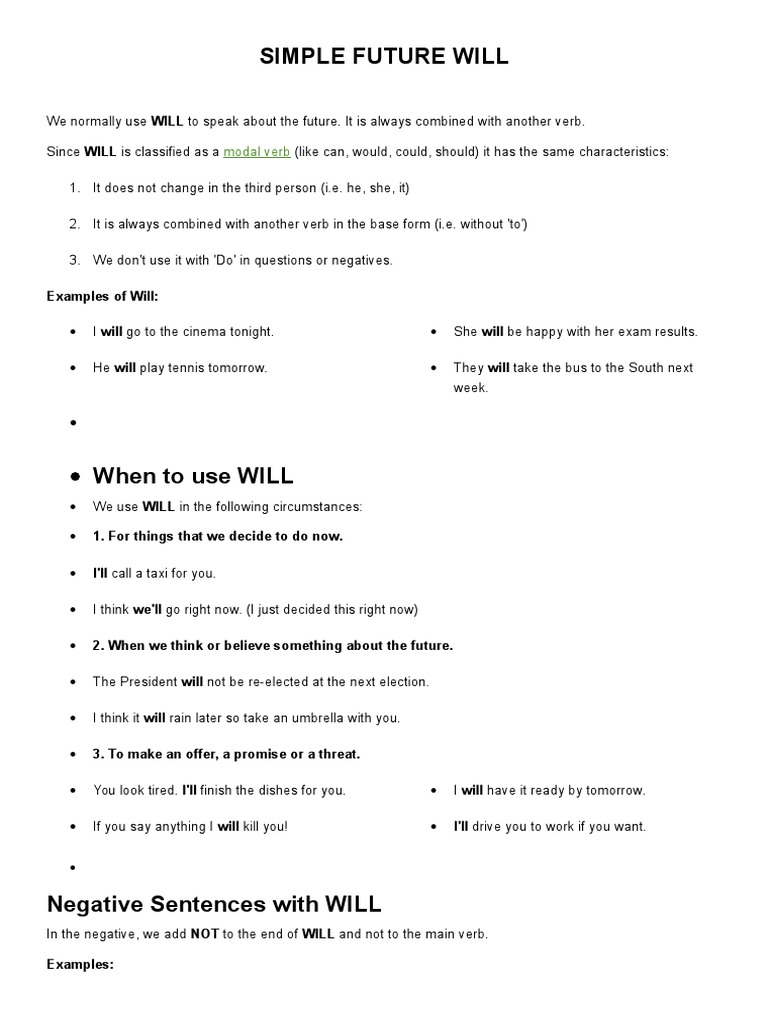 Simple Future Will Explanation | PDF