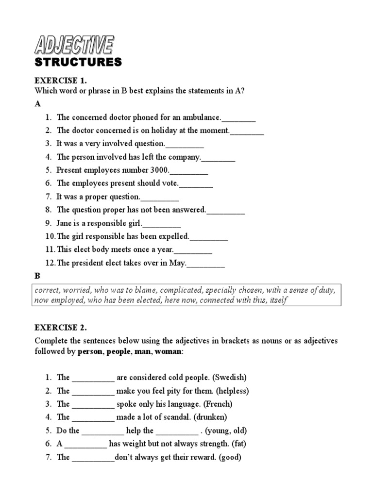 ADJECTIVE. Structure.- Exercises (23) | Adjective | English Language