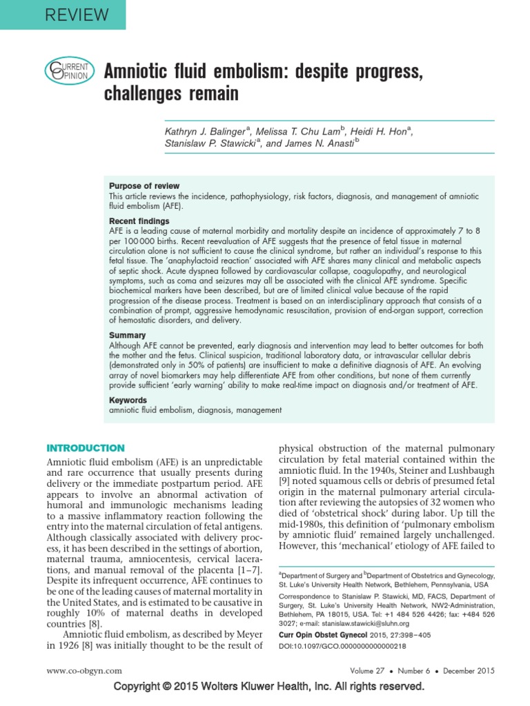 398 - Amniotic Fluid Embolism | PDF | Childbirth | Clinical Medicine