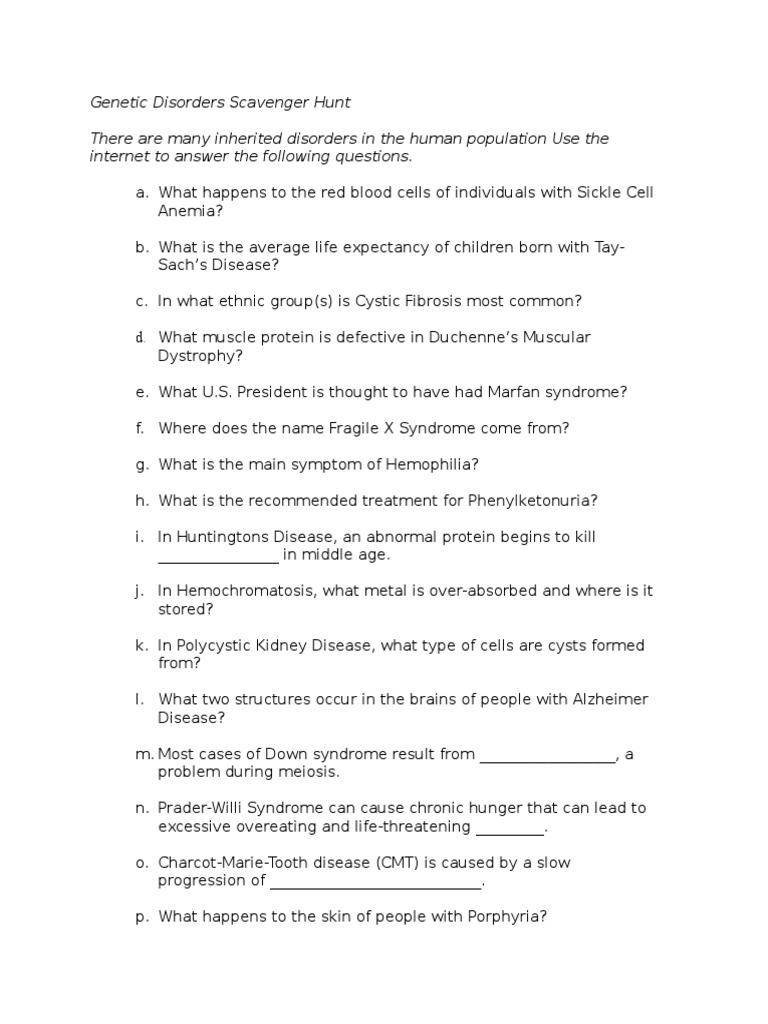 Genetic Disorders Scavenger Hunt Guide | PDF | Self-Improvement ...