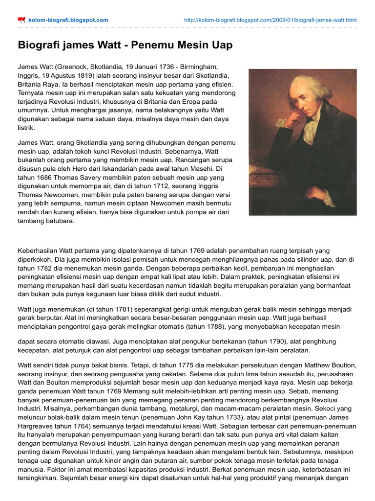 Biografi James Watt Penemu Mesin Uap | PDF | Perjalanan