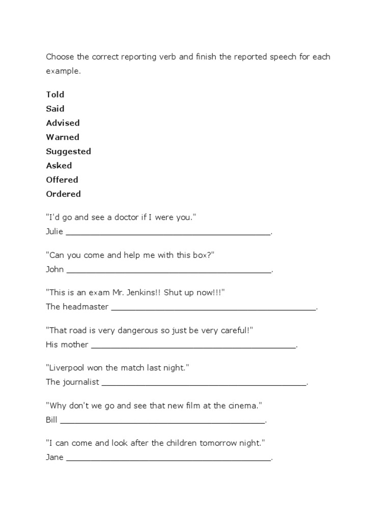 Reporting Verbs Practice Exercise | PDF
