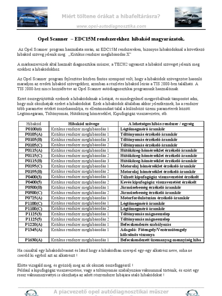 Opel EDC15M Hibakódok | PDF