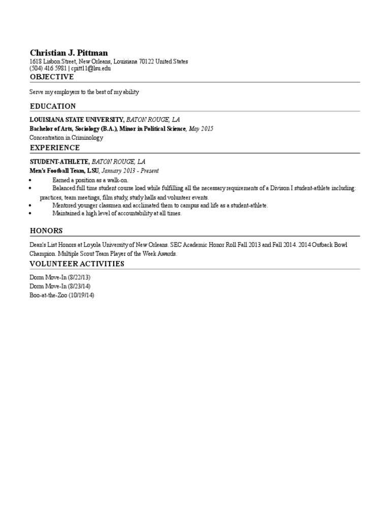 LSU Student-Athlete Resume | PDF | Self-Improvement