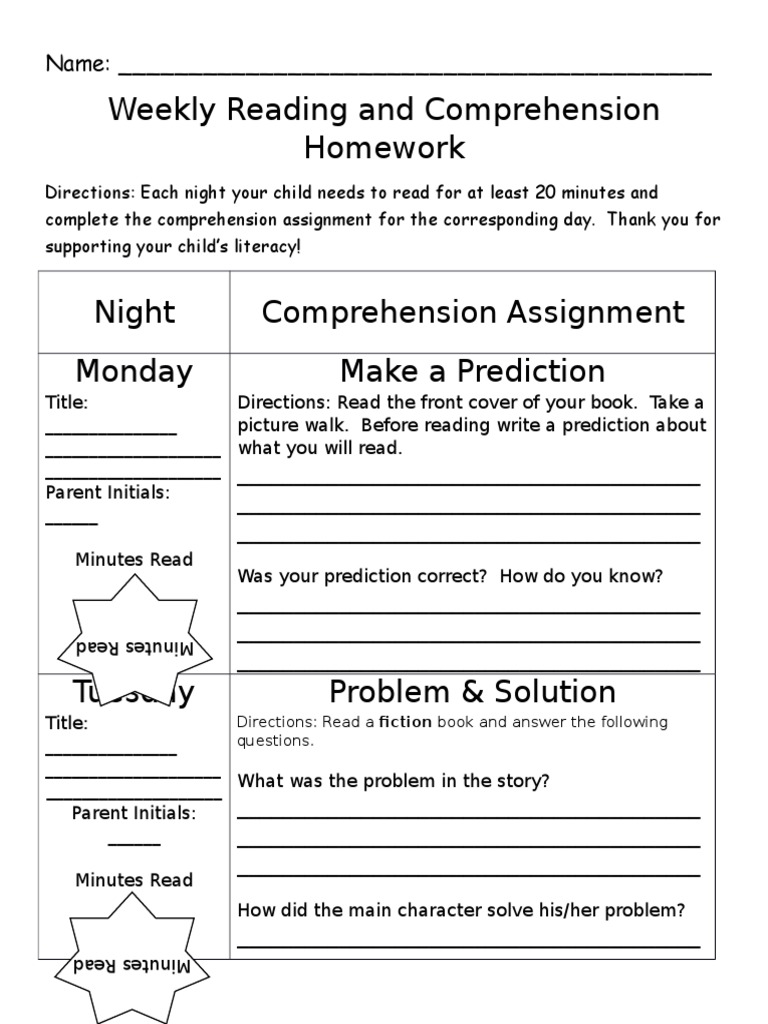 Weekly Reading and Comprehension Homework | PDF