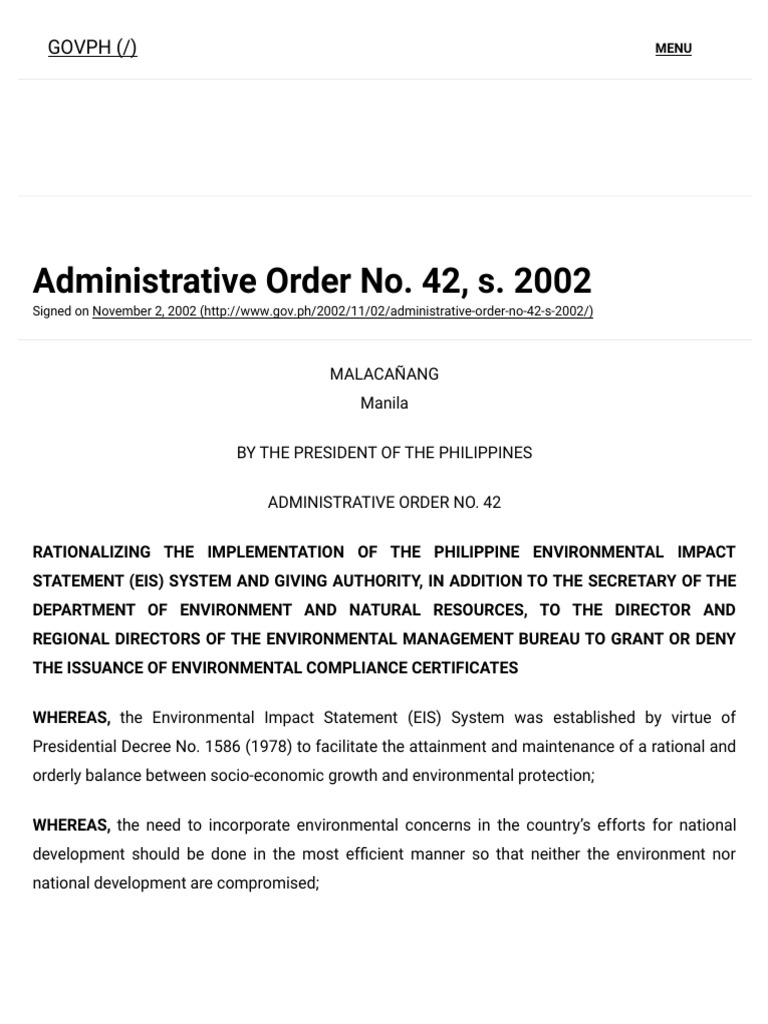 Administrative Order No. 42 | PDF | Environmental Impact Assessment ...
