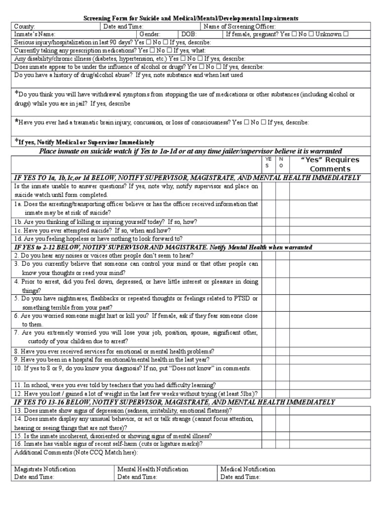 Jail Screening Form for Suicide | Substance Abuse | Suicide | Free 30 ...
