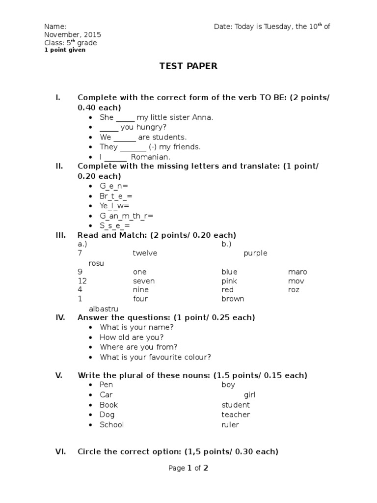Test Paper: Name: Date: Today Is Tuesday, The 10 of November, 2015 ...