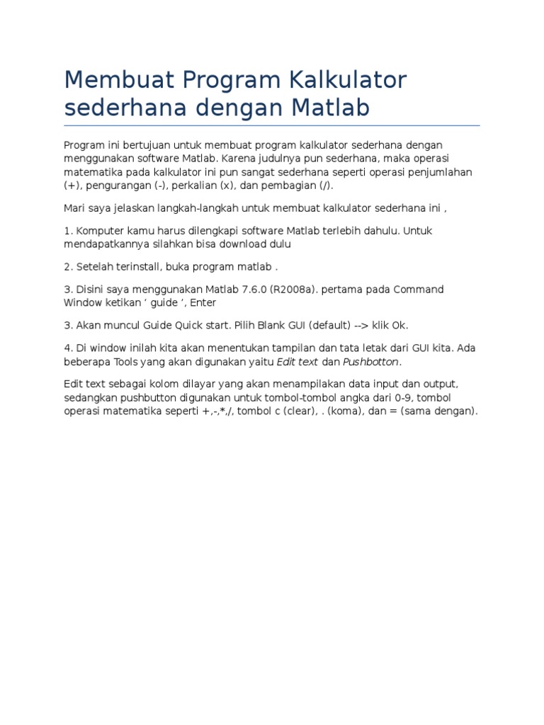Membuat Program Kalkulator Sederhana Dengan Matlab | PDF