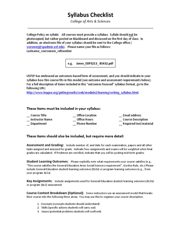 Syllabus Checklist: College of Arts & Sciences | Download Free PDF ...