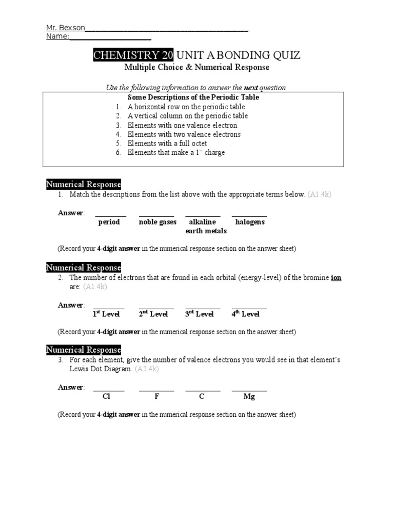 Chemistry 20 Unit A Bonding Quiz Questions | PDF | Ion | Chemical Compounds