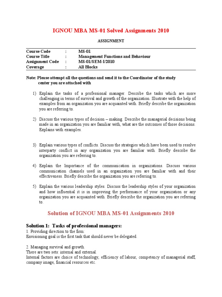 IGNOU MBA MS-01 Solved Assignments 2010 # | PDF | Negotiation | Leadership