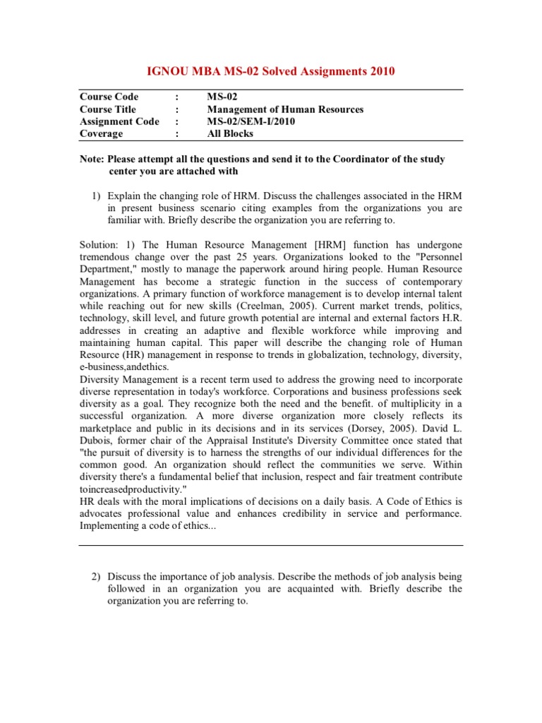 Ignou Mba Ms 02 Solved Assignments 2010 Download Free Pdf