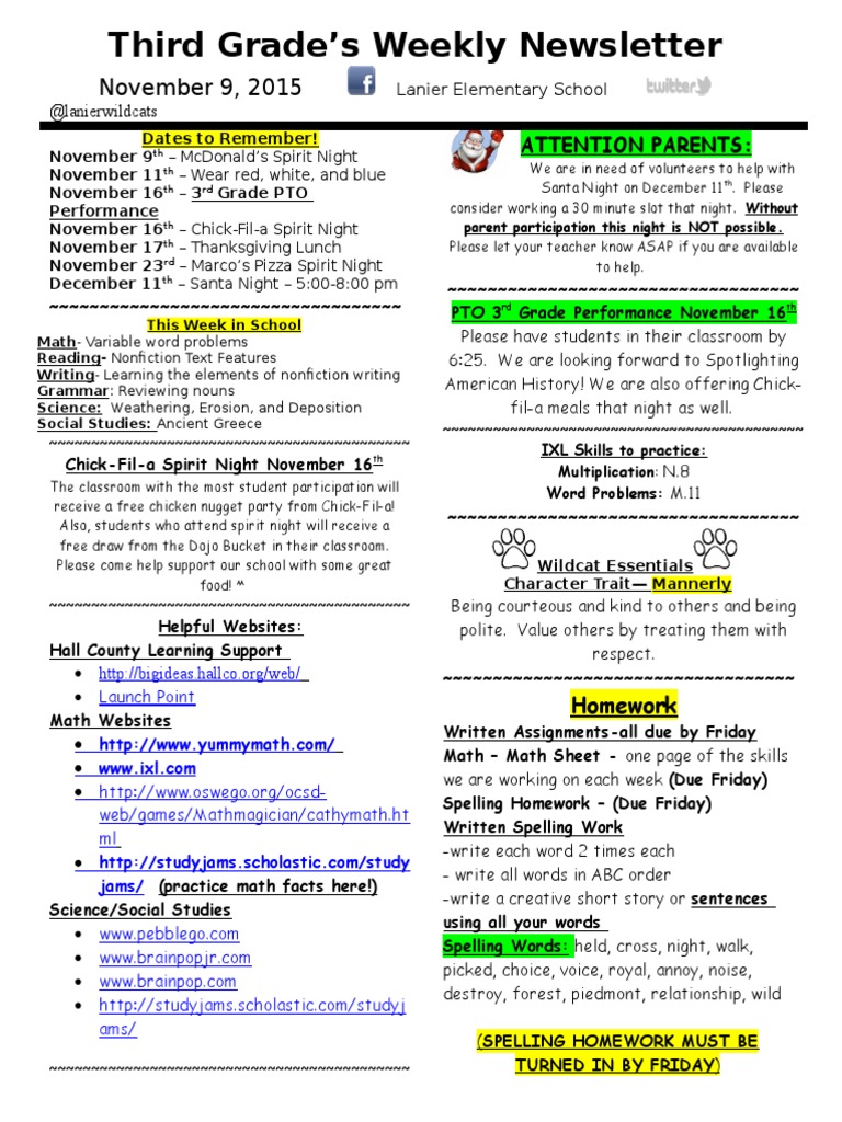 Third Grade Weekly Newsletter - Nov 2015 | PDF | Foreign Language ...